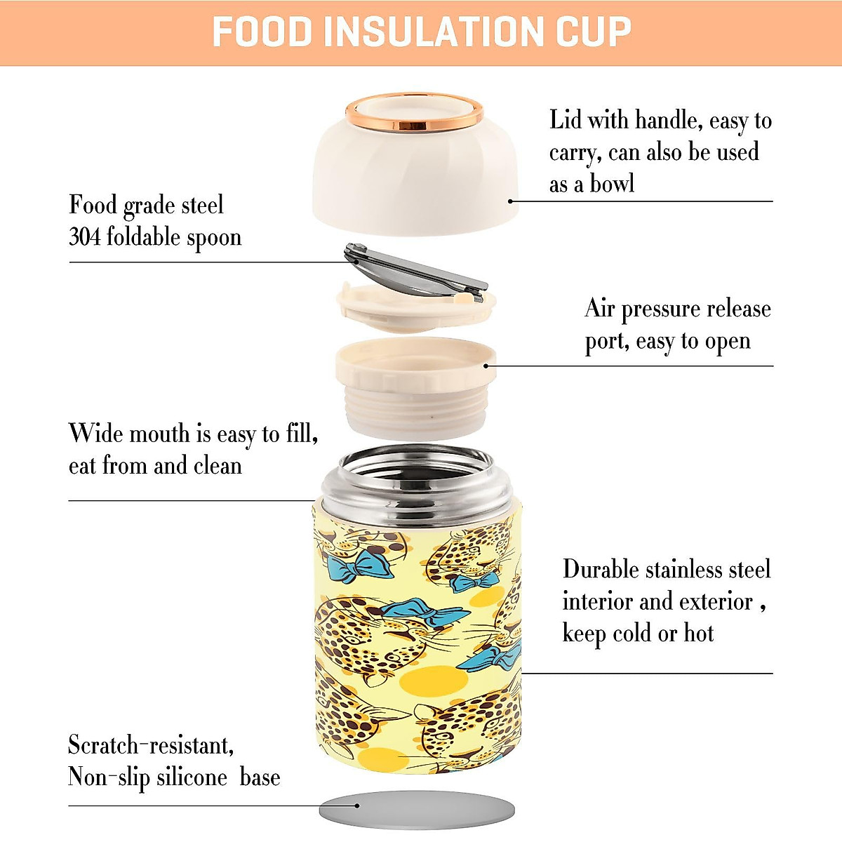 CUPADA Trendy Leopard Bow Tie Food Jar for Hot and Cold, Funny Animals Head Insulated Food Jars Vacuum 17OZ with Folding Spoon for Work Trip Picnic Camping