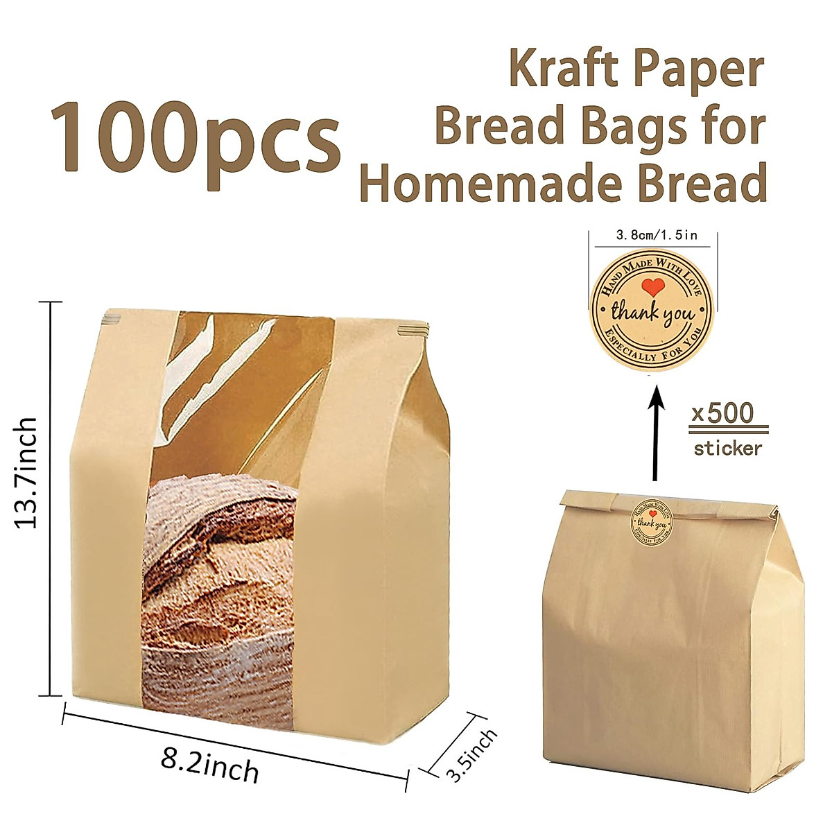 100 Pcs(13.7x8.2x3.5 in) Paper Bread Bags for Homemade Bread, Sourdough Bread Bags with Window, Sourdough Storage Bread Bags for Bread Packaging includes 500 Cute Seal Stickers