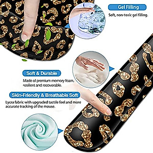 Ergonomic Mouse Pad Gel Wrist Support and Memory Foam Keyboard Wrist Rest Set, for Gaming Computer Office Laptop Easy Typing Wireless Mouse Mat, Gold Glitter Leopard Black Office Desk Pad