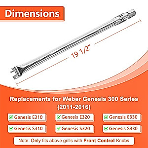 QuliMetal 19.5" Grill Burner for Weber Genesis 300 (2011-2016), Genesis E310 E320 E330 S310 S320 S330 Series Gas Grill with Front Control Knob, Replace for Weber 62752, 304 Stainless Steel