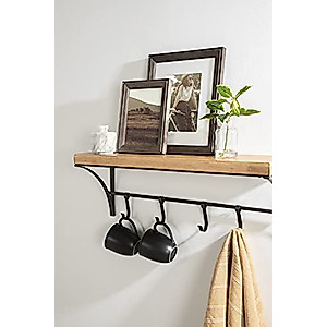 Kate and Laurel Ozias Farmhouse Shelf with Hooks, 24 x 9, Rustic Brown and Black, Sopisticated Coat Rack and Shelf for Storage and Display