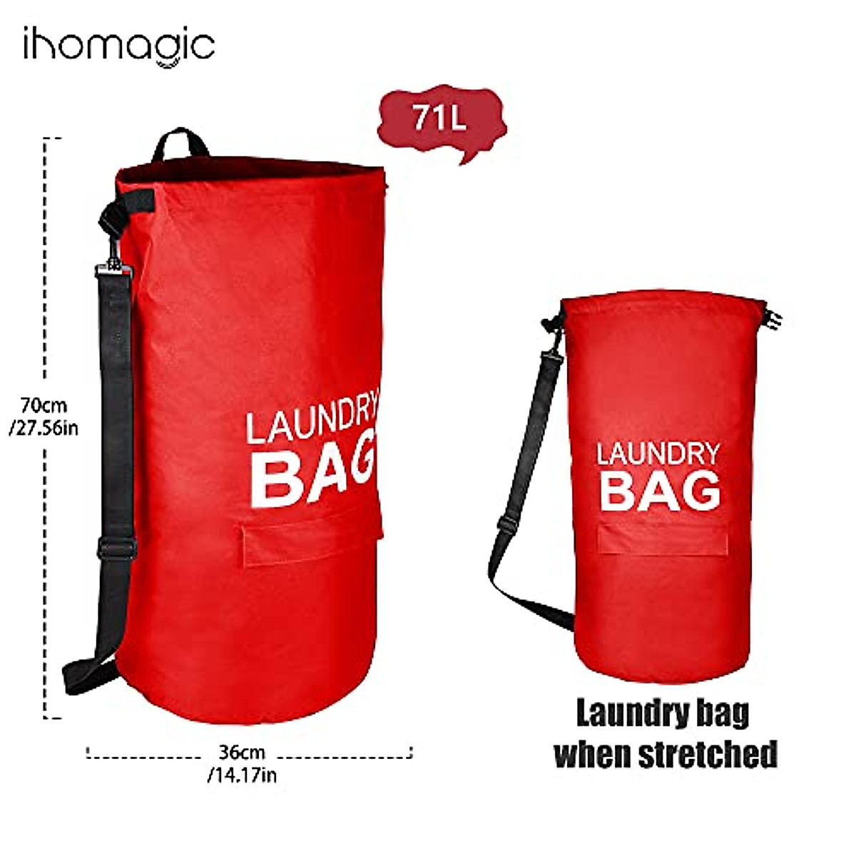 IHOMAGIC 71L Laundry Bag Backpack with Adjustable Shoulder Straps and Pocket, Hanging Fabric Laundry Hamper, Portable Laundry Baskets with Buckle, Extra Large Dirty Clothes Hamper for Laundry (Red)
