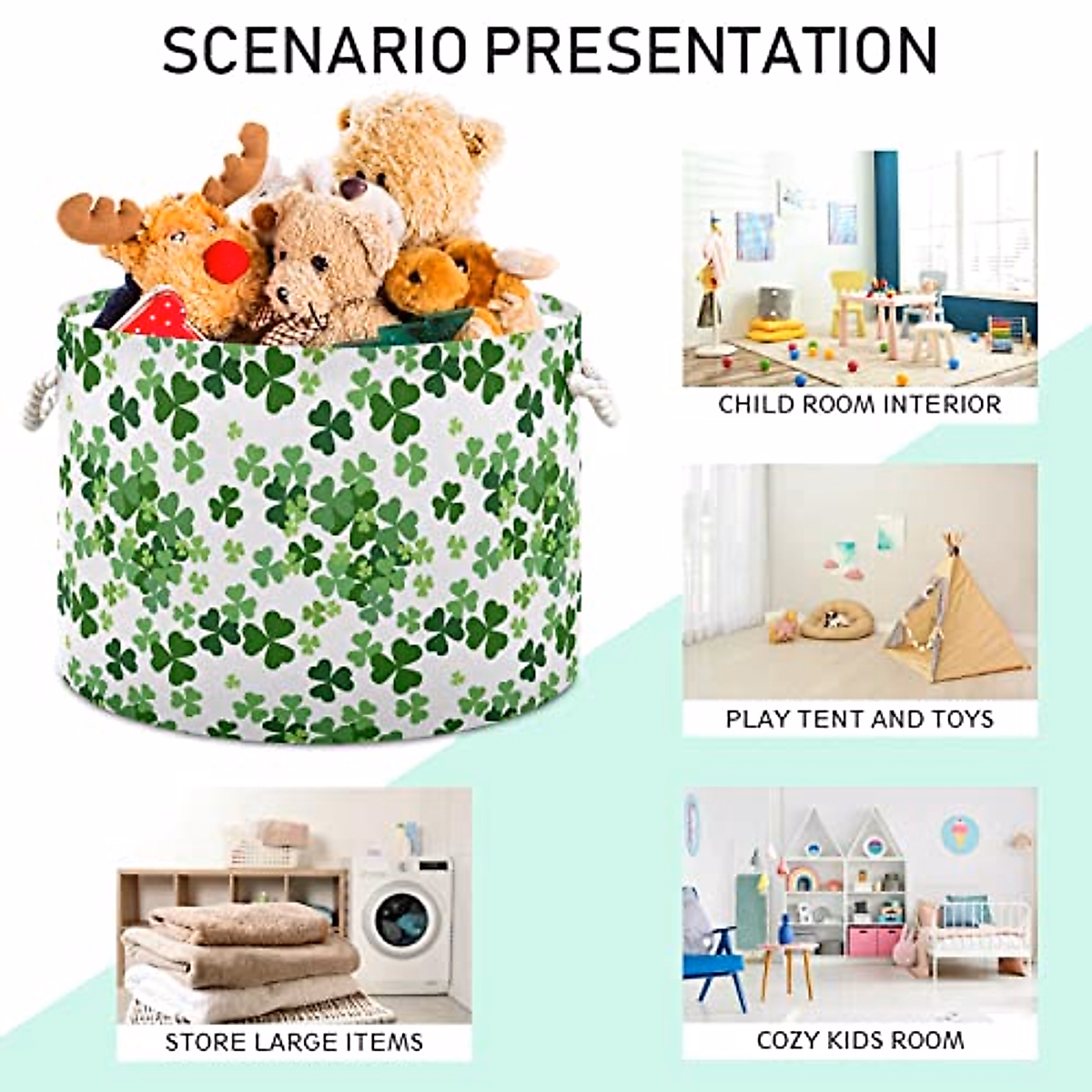senya St. Patrick's Day Storage Basket St. Patrick's Day Lucky Clover Shamrocks for Toys Clothes Storage Bin Box Laundry Hamper Organizer Bag with Handles
