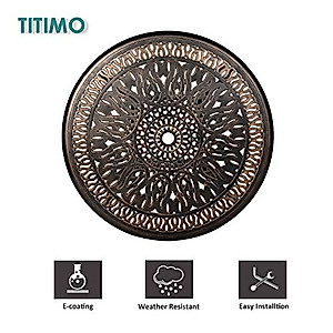 TITIMO 5 Piece All-Weather Cast Aluminum Outdoor Patio Deck Dining Set w/Round Table and 4 Chairs, Red Cushions, Umbrella Hole - Deep Bronze