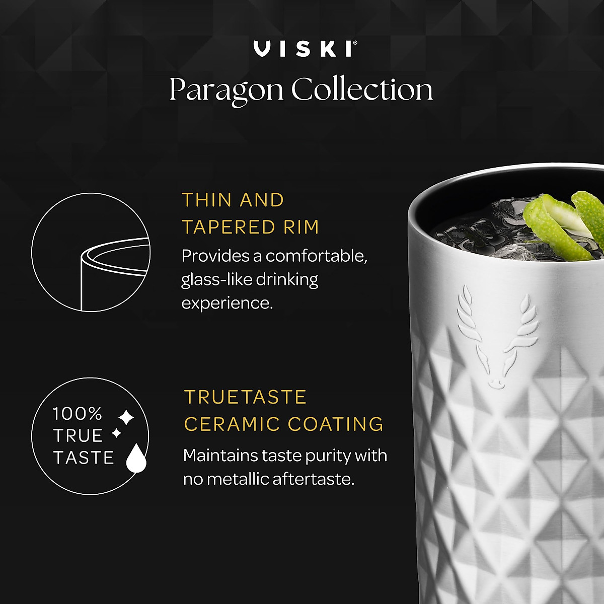 Viski Paragon Insulated Cocktail Tumbler, Insulated Highball Glasses Stainless Steel Highball Glasses with Ceramic Coating 16oz Set of 1