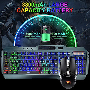 Wireless Gaming Keyboard and Mouse Combo, Rechargeable 16 Kinds RGB Backlit PC Gaming Keyboard Mouse w, Mechanical Feel Keyboard and 7 Color Gaming Mute Mouse for Windows Computer Gamers (Black)