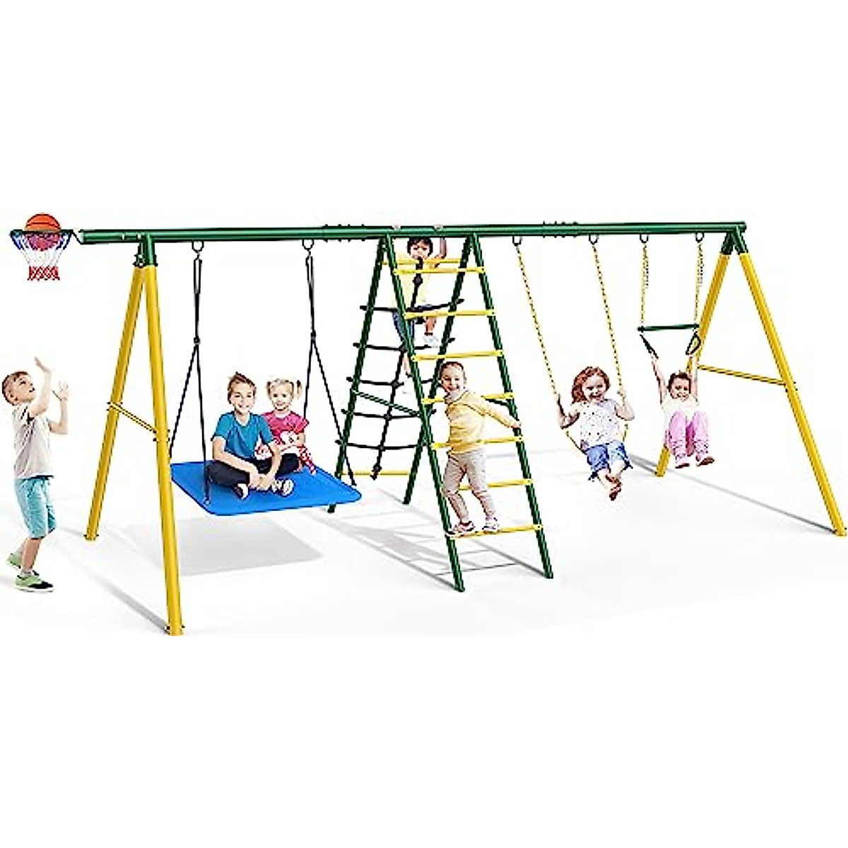 Swing Sets for Backyard, Osoeri 6 in 1 Swing Set, 440 lbs Heavy-Duty Metal Swing Sets for Backyard with Two Swings, Climbing Ladder and Nets, Trapeze Bar and Basketball Hoop