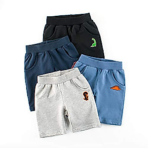 Azalquat Toddler Boys Summer Knit Shorts with Pocket, 2 Pack Baby Pull-On Soft Active Shorts (Dinosaur Black/Blue, 3T)