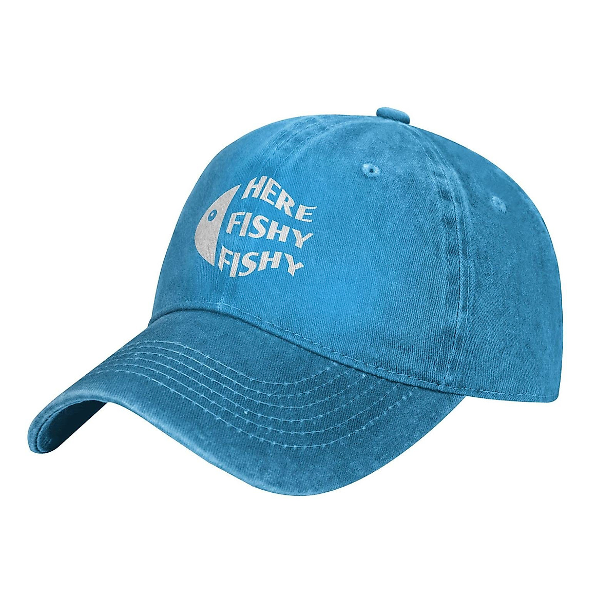 QVXHKP Funny Fishing Hat Here Fishy Fishy Fishy Hat for Men Baseball Caps Cute Hats Blue