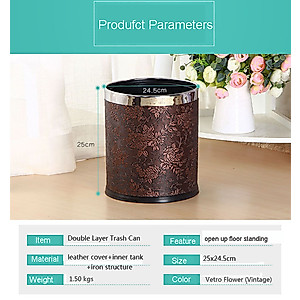 Trash Can Luxury Double Layer Leather with Stainless Steel Ring Metal Waste bin 10L Garbage Container Dustbin case for Hotel Office (Vintage)