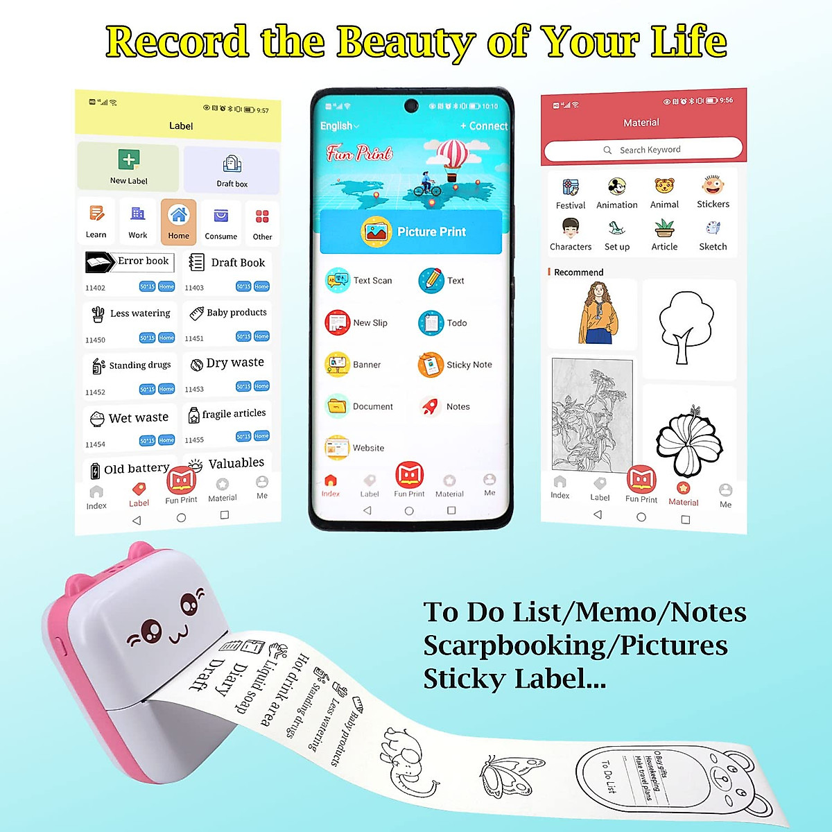 Vicbear Mini Pocket Printer, Portable Thermal Printer with 8 Rolls Printing Paper, Bluetooth Wireless Tiny Printer for Photos/Stickers/Labels/Notes/Receipts, Compatible with iOS and Android, Pink