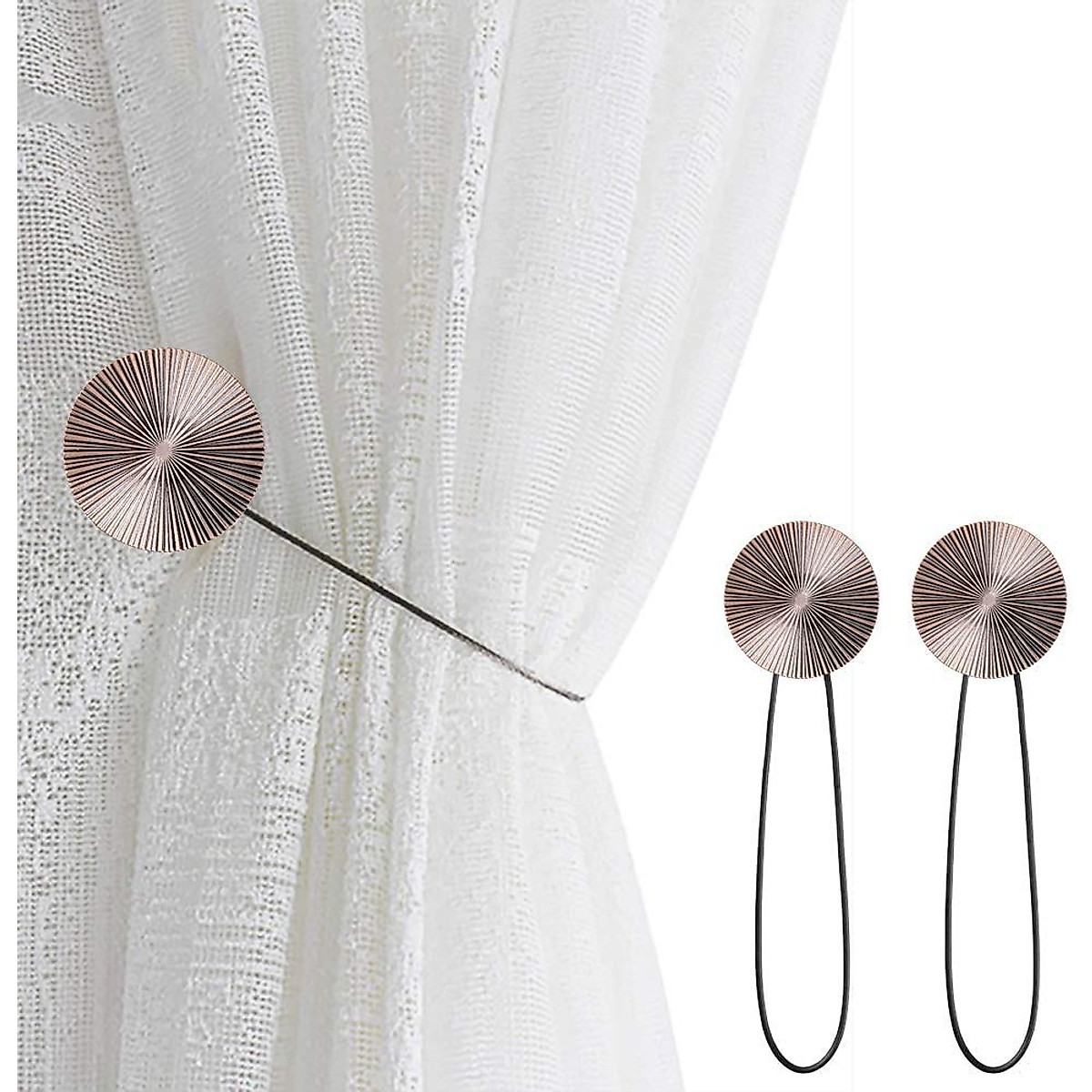Magnetic Curtain Tiebacks Clips Decorative Rope Holdbacks, 2 Pack Sector Tie Backs Weave Holder for Window Draperies Hold Curtains Drape Ties Backs Holdback, Bedroom Home Décor (2, Rose Gold)