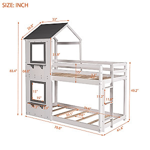 House Bunk Beds, Twin Over Twin Bunk Bed Wooden Floor Bunk Bed Frame for Kids/Teens/Girls/Boys, White