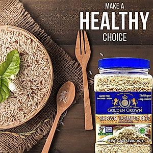 Golden Brown Jasmine Rice - Naturally Sourced Thai Fragrant Long Grain Gluten Free GMO free Vegan Kosher Halal Rice - 32OZ (2Lb)