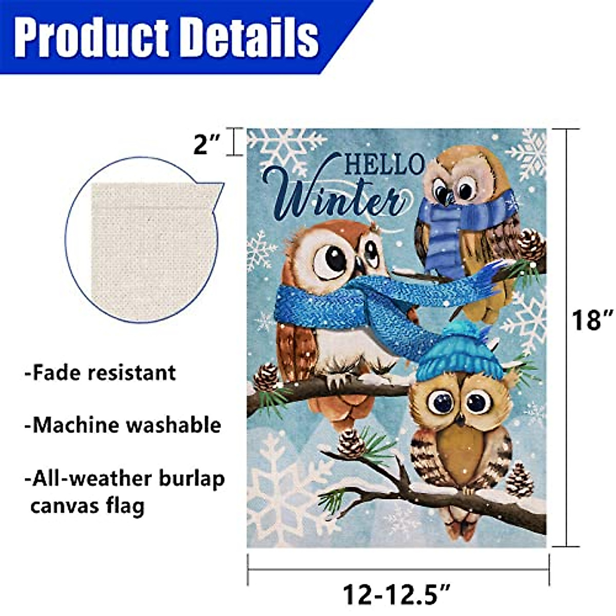 Covido Home Decorative Hello Winter Owls Family Garden Flag, Animals Yard Outside Decorations, Snow Farmhouse Outdoor Small Decor Double Sided 12x18