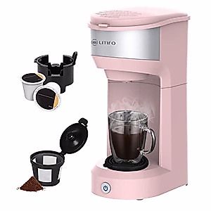 LITIFO Single Serve Coffee Maker for Ground coffee, Tea & K Cup Pod, 2-In-1 Small Coffee Machine with 6 to 14oz Reservoir, One-Button Fast Brew, Auto Shut-off & Self Cleaning Function (Pink)