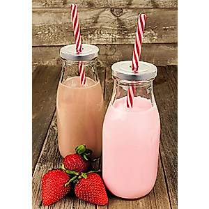 Estilo Glass Milk Bottle with Lid - Milk Glass - Reusable Glass Bottle for Dairy Milk With Straws & Metal Screw On Lids, 10.5 Ounce, Clear, Set of 6