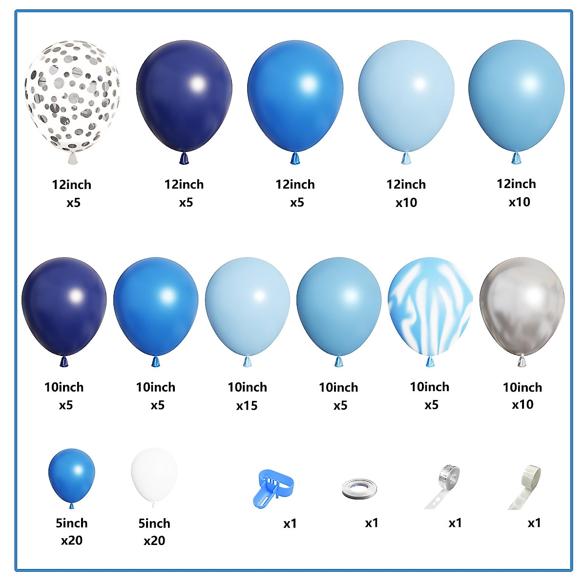 Amandir Blue Balloons Arch Garland Kit, 134Pcs Navy Royal Light Blue Balloons Confetti Latex Metallic Balloons for Blue Boys Birthday Baby Shower Wedding Party Decorations Supplies &4Pcs Tools