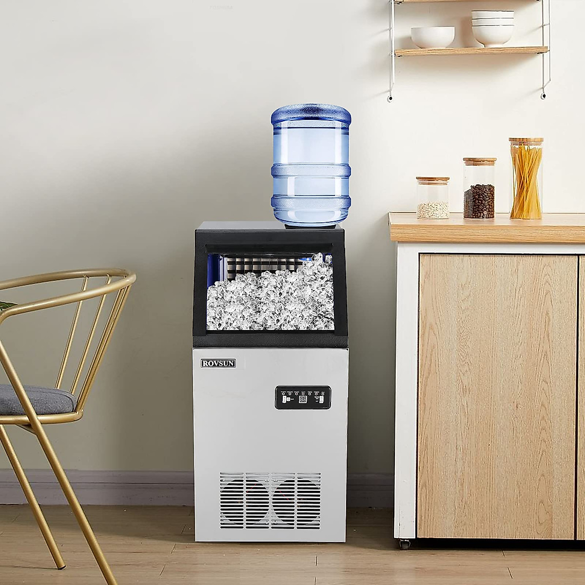 ROVSUN 150LBS/24H Commercial Ice Maker Machine with 2 Water Inlets, Freestanding Ice Machine with 24lbs Storage Bin, Ice Scoop & Water Filter for Home Office Restaurant Bar Cafe