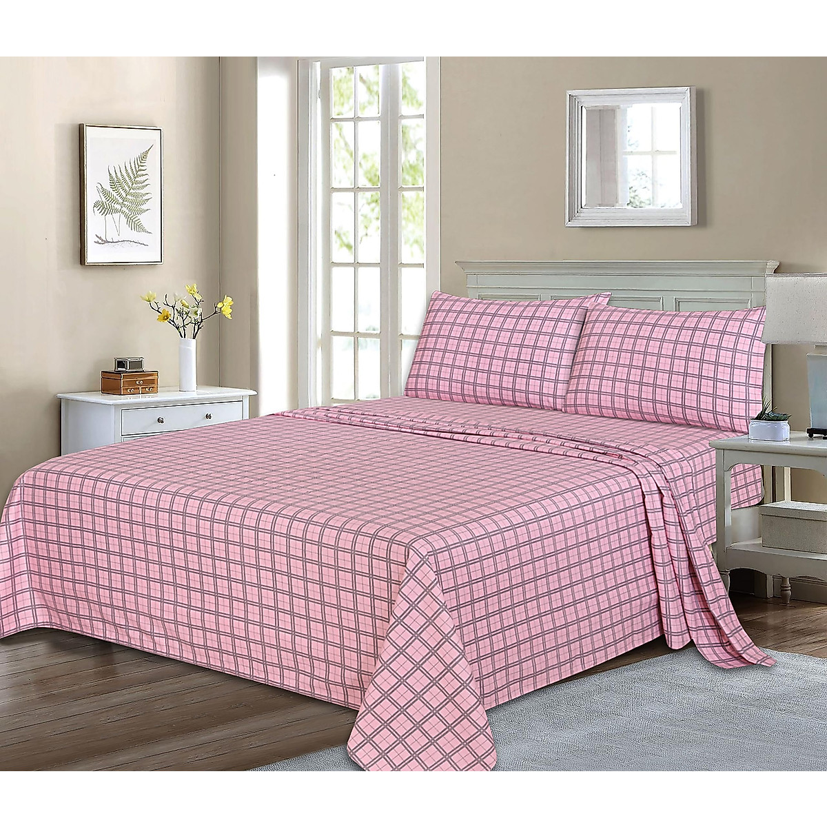 RUVANTI Flannel Sheets Full Size - 100% Cotton Brushed Flannel Bed Sheet Sets - Deep Pockets 16 Inches - All Seasons Breathable & Super Soft - Warm & Cozy - 4 Pcs - Check & Bolt Pink