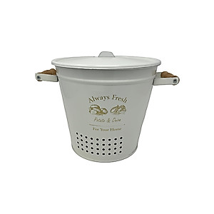 Metal Storage Bin, Onion Storage and Patato Storage, Vegetable Storage Bin with Aerating Tin Storage Holes, Metal Kitchen Storage, Kitchen Pantry Organizer Tin Vegetable Fresh Keeper (White-Wood)