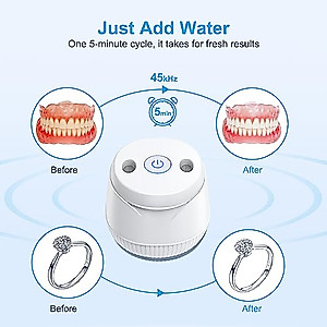 Ultrasonic UV Retainer Cleaner Machine - 45kHz Ultrasonic Cleaner for Dentures, Aligner, Mouth Guard, Whitening Trays, Toothbrush Head, 5/10 Minute Ultrasonic/Pulse Cleaning for Jewelry, Diamonds