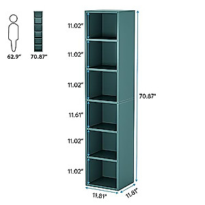 LITTLE TREE 70.9 Inch Tall Narrow Bookcase, Corner Bookshelf 6 Tier Cube Display Shelf Storage Organizer for Small Space, Blue