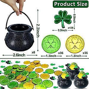 TURNMEON St Patricks Day Pot of Gold, 6 Candy Cauldron Kettles with 72 Plastic Shamrocks Gold Coins 138 Clover Confetti Party Decorations Supplies for Saint Patricks Day Table Home Indoor Decor