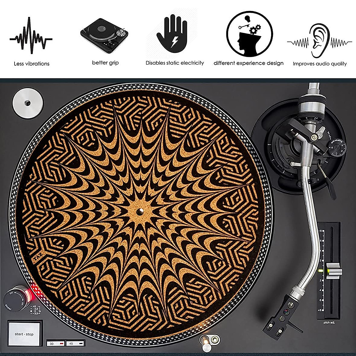 TazStudio Premium slipmat - Cork Turntable Mat [4mm Thick] for Better Sound Support on Vinyl LP Record Player - Cork mat Original Art Design - Psychedelic Geometric Mix Pattern Art-m1