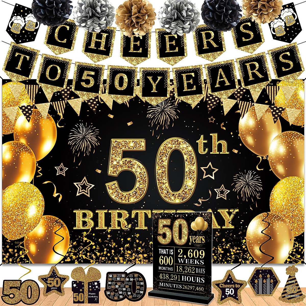 50th Birthday Decorations for Men Women,16PCS 50th birthday banner Party Decorations ,Including Happy 50th Birthday Banner,50 Anniversary Card,Cheers to 50 years banner,7 Hanging Swirl,6 paper Poms