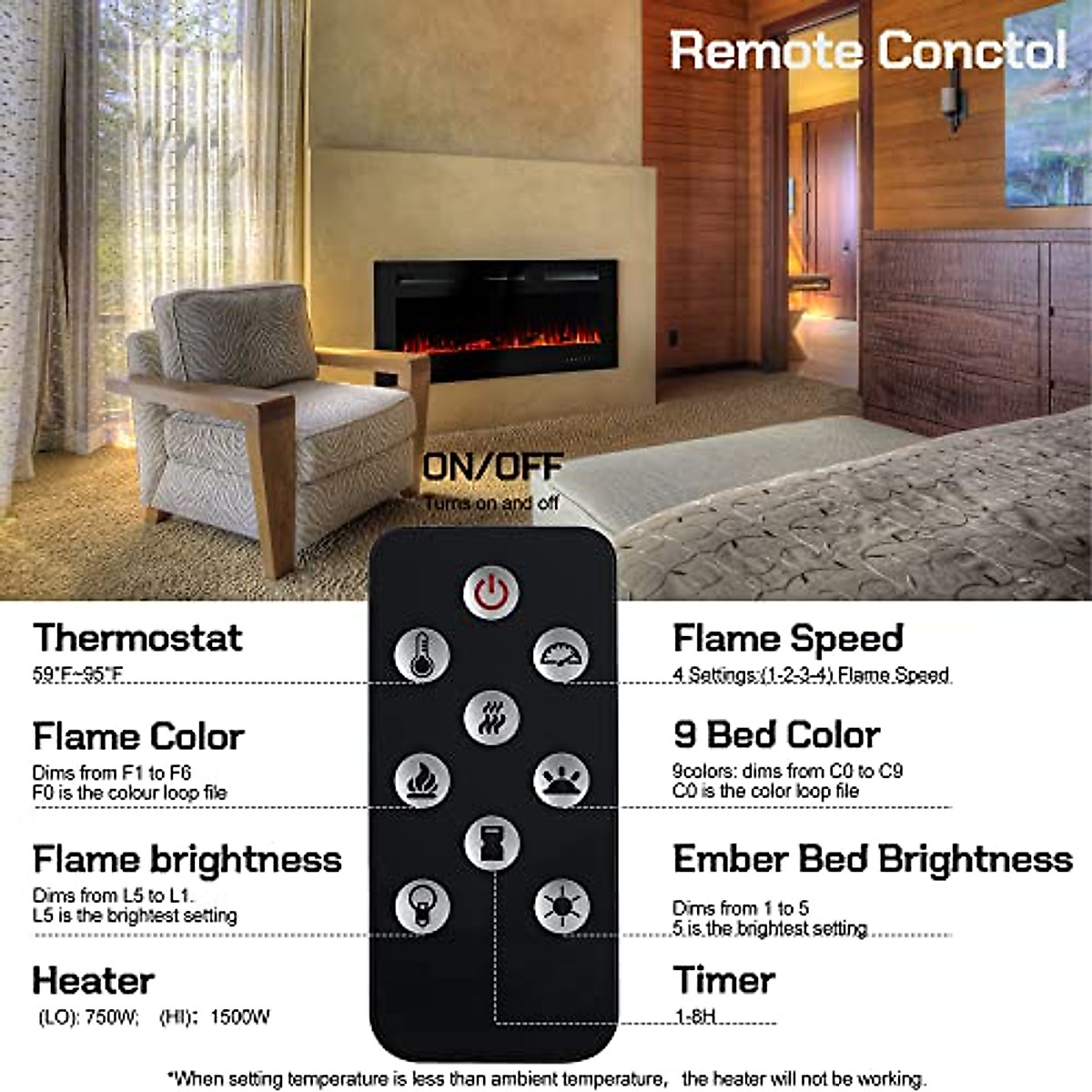 Uthfy 50" Electric Fireplace,1500W Recessed & Wall Mounted Fireplace Heater & Linear Fireplace,6 Flame Colors & 9 Ember Bed Colors,Remote Control,8H Timer,Adjustable Thermostat, Black (HY-HW50)