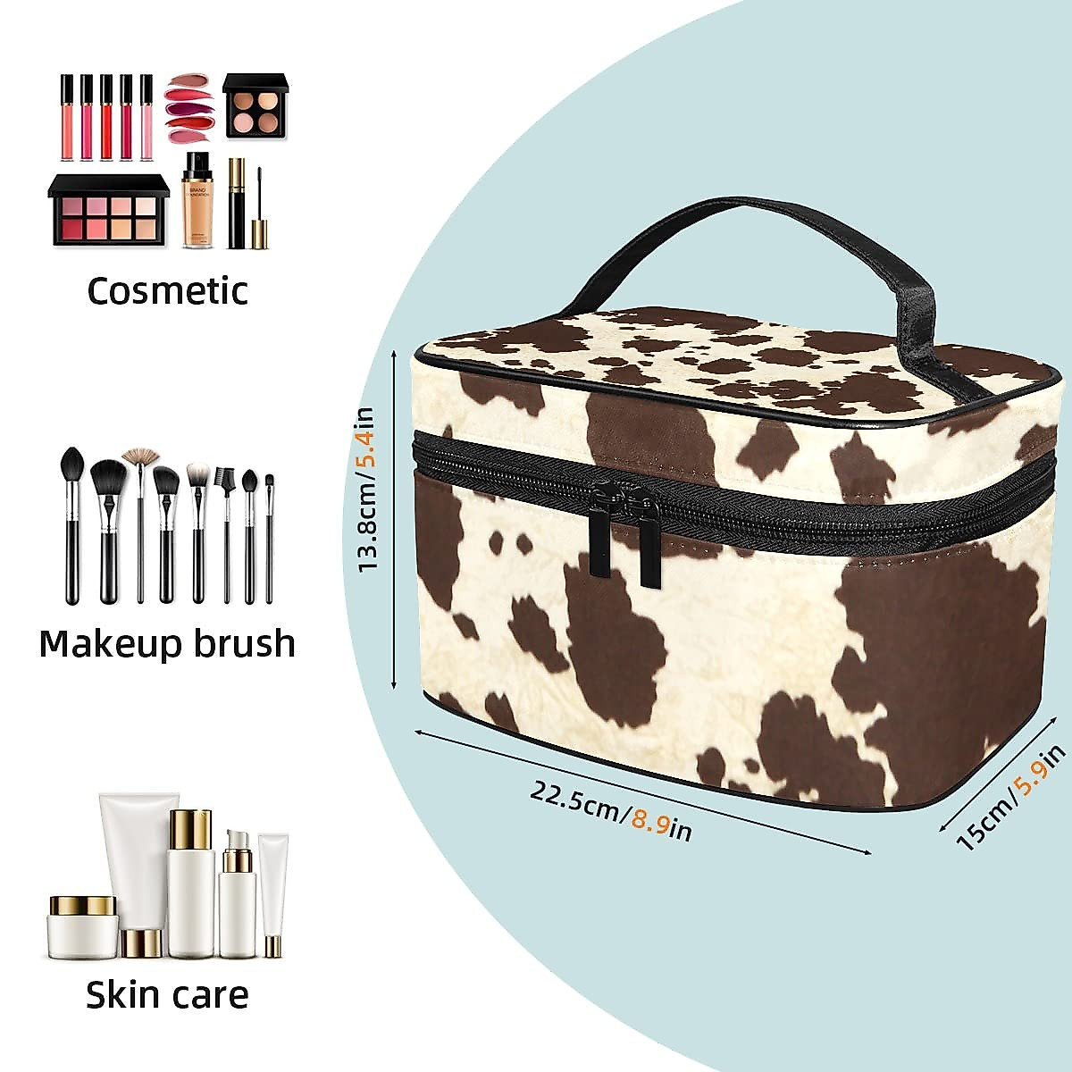 Women Large Professional Travel Makeup Bag Pouch with Big Cow Fur Print Pattern Print,Portable Train Cosmetic Case Organizer for Cosmetics Makeup Brushes Toiletry Jewelry Digital Accessories