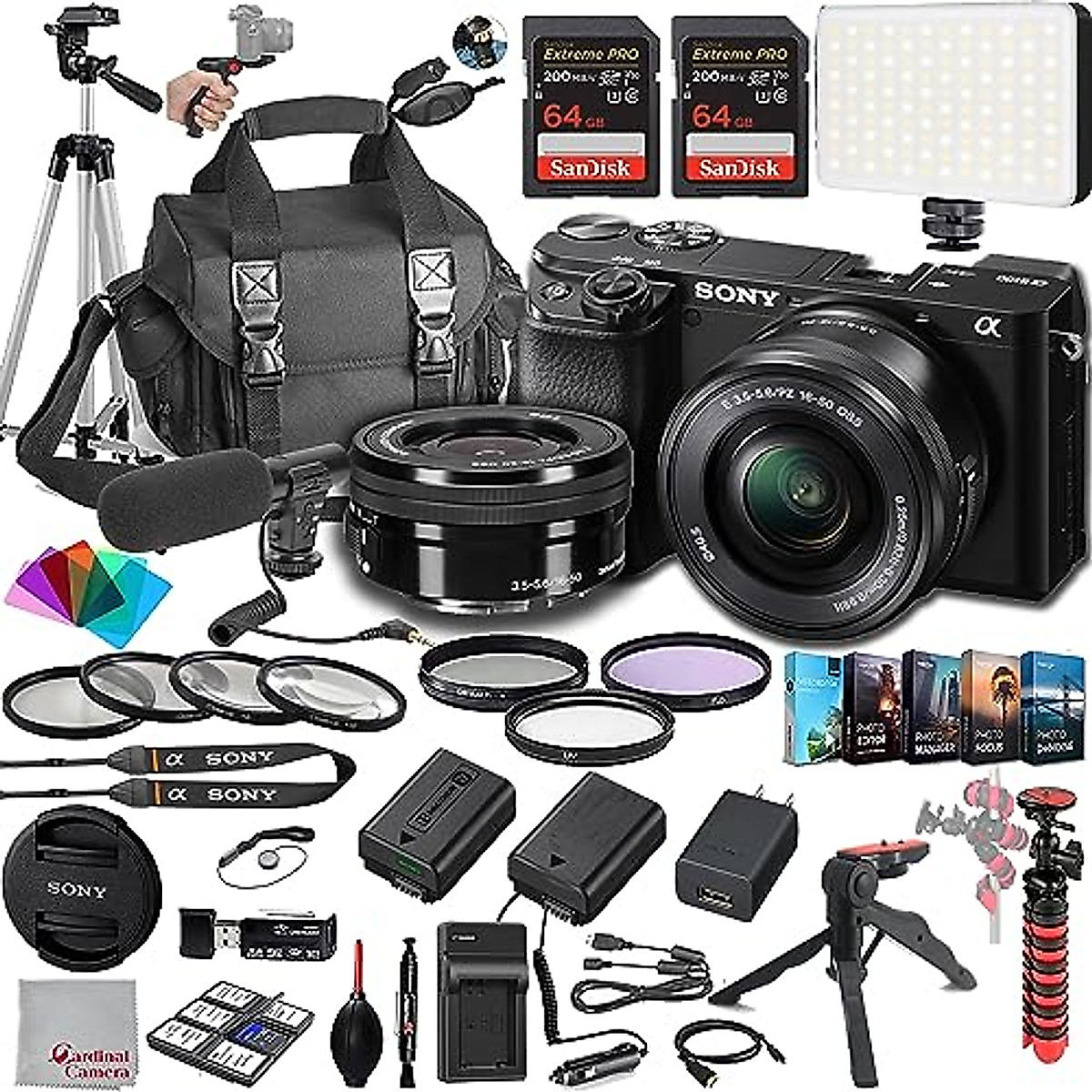 Sony a6100 Mirrorless Camera with 16-50mm + 55-210mm Lenses, 64GB Extreem Memory,Videl Microphone, LED Video Light, Case. Tripod, Filters, & Professional Video & Photo Editing Software Kit