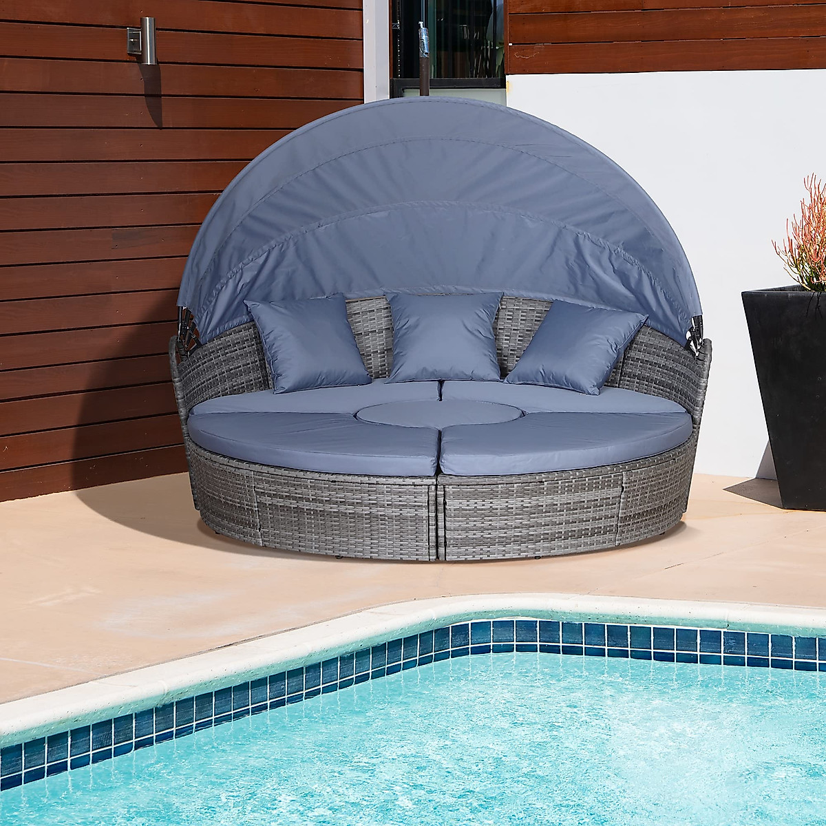 Outsunny 4pc Rattan Patio Furniture Set, Round Convertible Daybed or Sunbed, Adjustable Sun Canopy, Sectional Outdoor Sofa, 2 Chairs, Table, 3 Pillows, PE Plastic Wicker, Gray