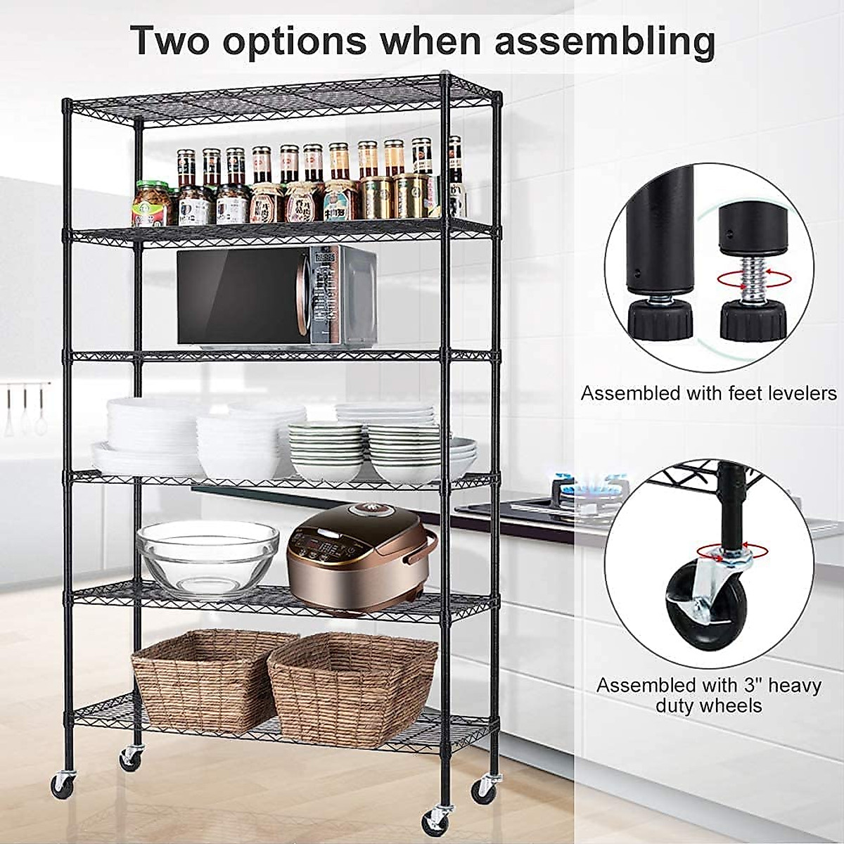 Bigacc 2100LBS Metal Shelf Wire 82"x48"x18"Heavy Duty Metal Shelves for Storage, Shelving Unit, Height Adjustable Garage Rack, 6 Tier Metal Storage Shelves with Wheels/Feet Levelers, Black