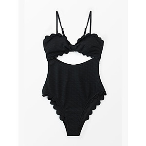 CUPSHE Women's One Piece Swimsuit Sexy Black Cutout Scallop Trim Bathing Suit, L