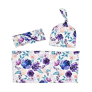 Terriboo Newborn Floral Print Blanket Baby Stretch Wrap Swaddle Blanket Receiving Blanket with Matching Headband and Beanie