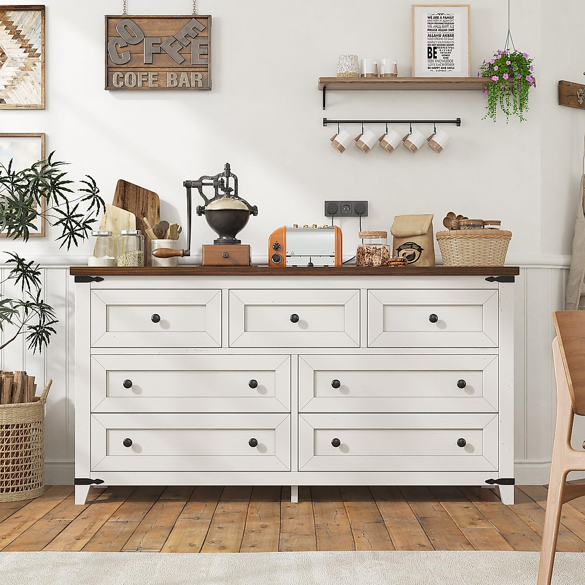 EnHomee Dresser for Bedroom Wood Dresser with 7 Drawers White Dresser with Smooth Metal Rail Long Dressers & Chests of Drawers Farmhouse Dresser for Bedroom Dresser TV Stand, Closet, Antique White
