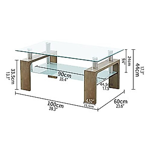 CLIPOP Rectangle Glass Coffee Table w/Tempered Glass Tabletop Stainless Steel Tube, 2-Tier Tea Table, Modern Center Side Table w/Lower Shelf & Wooden Legs for Living Room Guest Reception Room, Oak