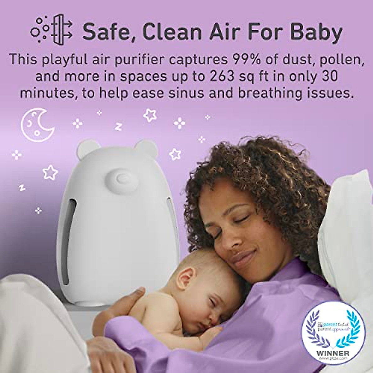 Pure Enrichment® PureBaby® Kids Bear Air True HEPA Air Purifier - Energy Star Rated, 4 Stage Air Filtration, UV-C Light, and Night Light for Medium-Large Rooms - Baby Nurseries, Kid Bedrooms (White)