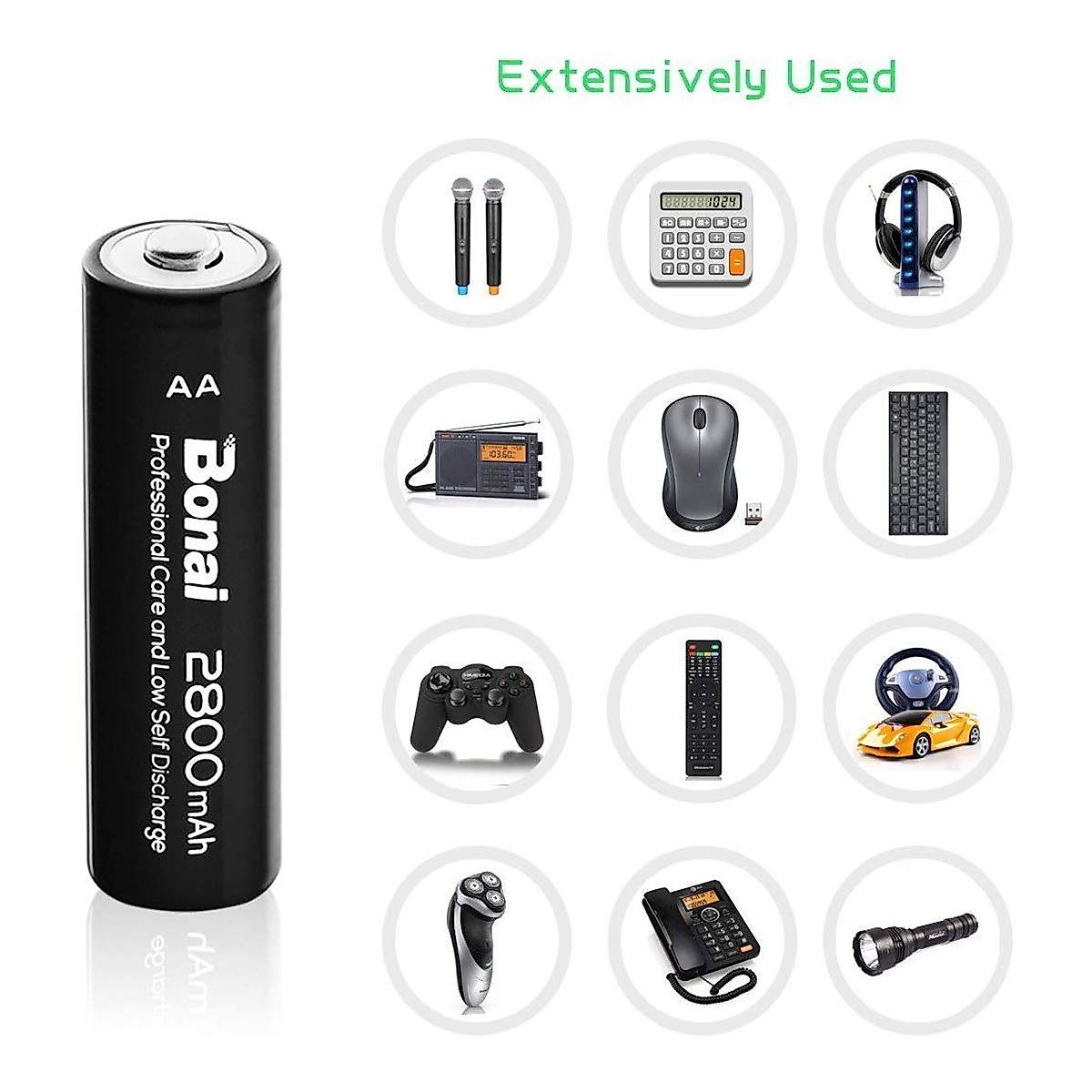 BONAI AA Rechargeable Batteries with Charger 8 Pack 2800mAh High Capacity Ni-MH Rechargeable AA Batteries with Charger AA Set (8-Slot Charger with USB & Independent Design for AA AAA)