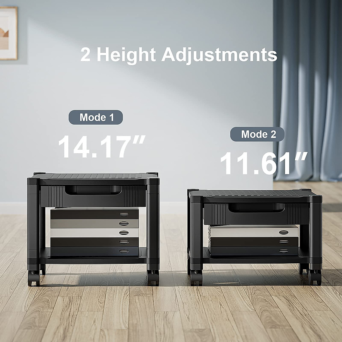 HUANUO Printer Stand - Under Desk Printer Stand with Cable Management & Storage Drawers, Height Adjustable Printer Desk with 4 Wheels & Lock Mechanism for Mini 3D Printer HNDPS