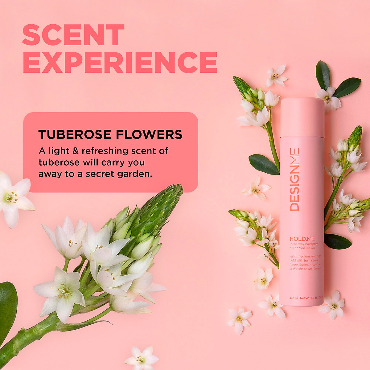 HOLD.ME Three-Way Hairspray by DESIGNME | Hairspray with Light, Medium, & High Hold Options | Extra Hold Hair Spray with Thermal Protectors & Vitamin B5 | Scented Hair Setting Spray, (9.5 Oz)