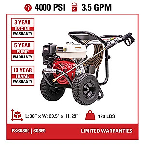 SIMPSON Cleaning PS60869 PowerShot 4000 PSI Gas Pressure Washer, 3.5 GPM AAA Triplex Pump, Honda GX270 Engine, Includes Spray Gun, Wand, 5 QC Nozzle Tips, 3/8-inch x 50-Foot Monster Hose, 49-State