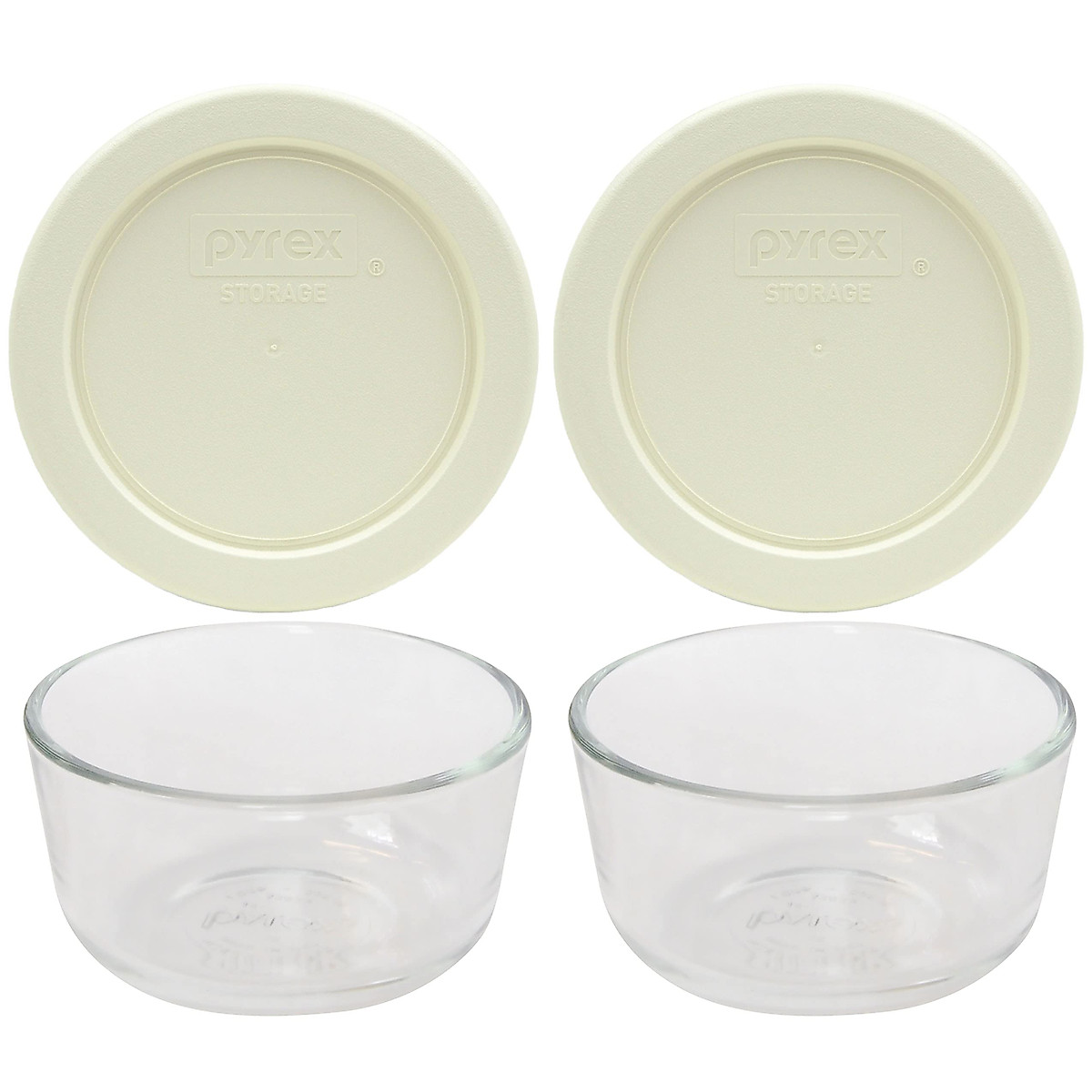 Pyrex (2 7202 Glass Bowls & (2) 7202-PC Sour Cream Lids Made in the USA
