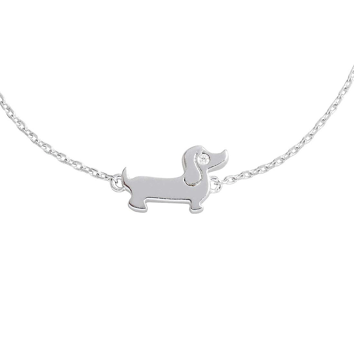 Vivid&Keith Womens Girls 925 Real Sterling Silver 18K Plated Swarovski Zirconia Cute Animal Dog Gift Fashion Jewelry Link Chain Charm Pendant Bangle Bracelet, Dachshund, White Gold Plated