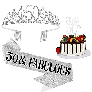 Tihebax 50th Birthday Sash and Crown/Tiara Set 50th Birthday Gifts for Women 50th Birthday Decorations Women Bonus 50th Cake Topper Pearl Pin (silver)