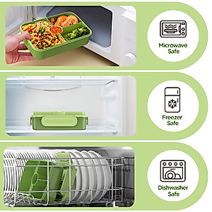 Jelife Bento Box Kids Lunch Box - Large Bento-Style Leakproof with 4 Compartments Food Storage Container with Tableware for Kids Back to School, Reusable On-the-Go Meal and Snack Packing, Green