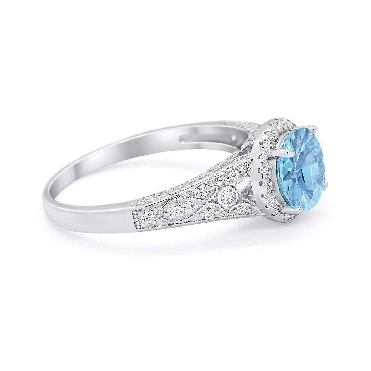 Blue Apple Co. Art Deco Vintage Style Wedding Ring Round Simulated Aquamarine Cubic Zirconia 925 Sterling Silver Size-7