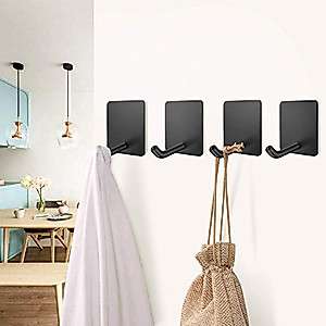 SouLips Adhesive Hooks, Self Adhesive Black Wall Mount Hanger Heavy Duty Rugged 304 Stainless Steel Hooks for Robe Coat Towel, Strong Sticky Hanging Hooks for Doors Kitchen Bathrooms Office, 4 Packs
